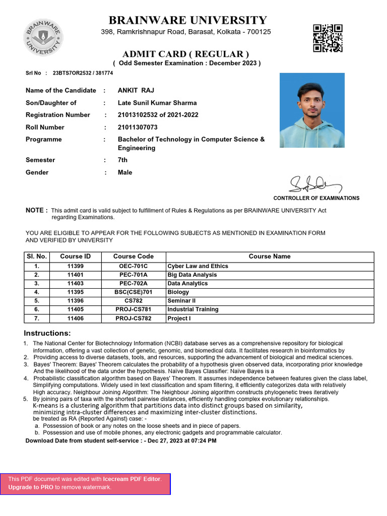 My 7th Sem Admit Card | PDF