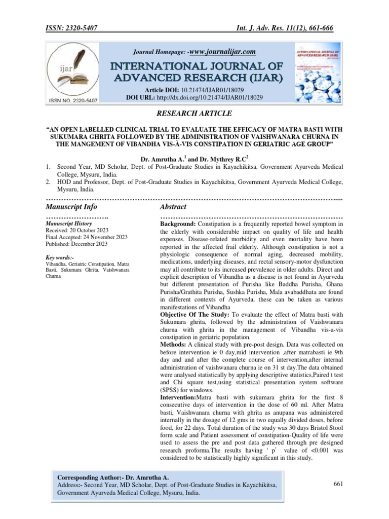 Efficacy of Matra Basti in Geriatric Constipation | PDF | Self ...