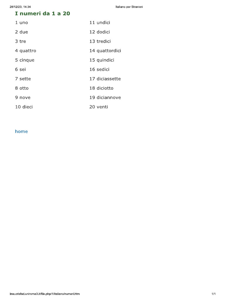 I Numeri Da 1 A 20 | PDF