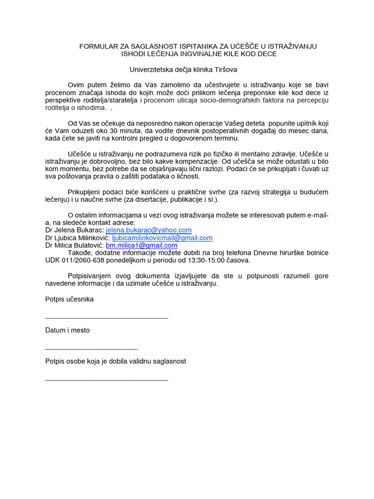 Formular Za Saglasnost Ispitanika Za Ućešče U Istraživanju | PDF