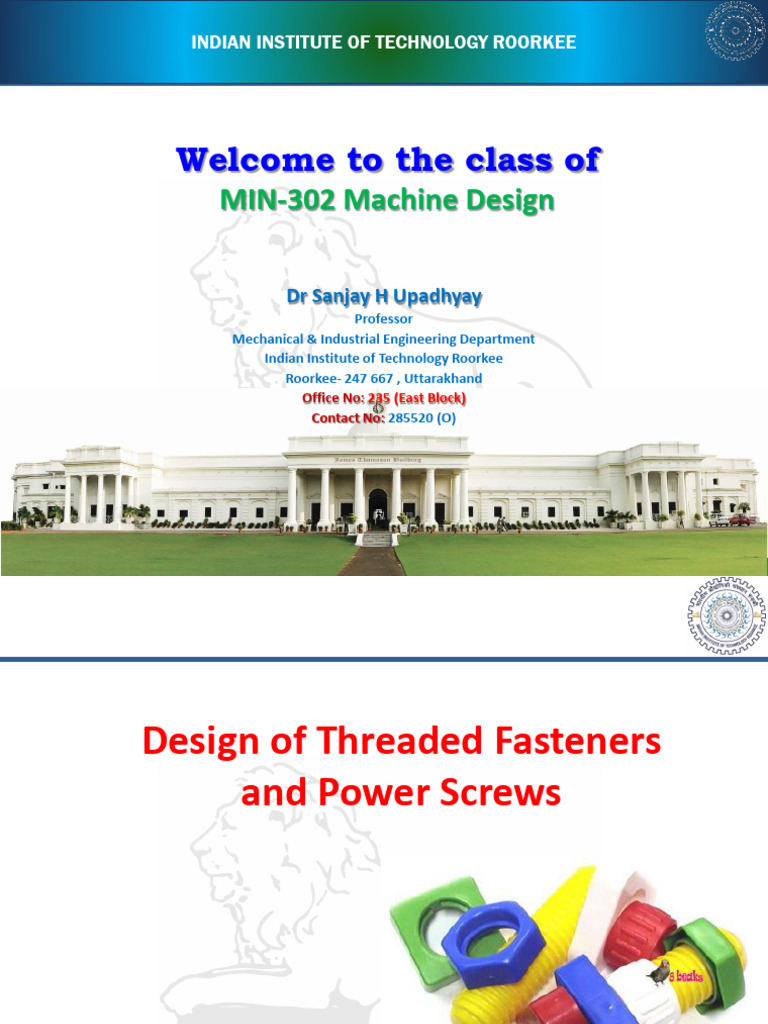 Design of Threaded Fasteners and Power Screws _IITR | PDF | Screw ...