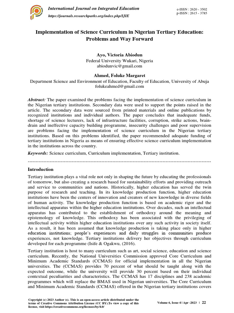 Implementation of Science Curriculum in Nigerian Tertiary Education ...
