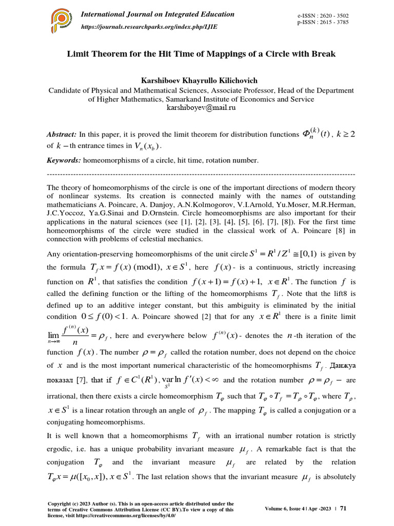 Limit Theorem for the Hit Time of Mappings of a Circle with Break | PDF | Distribution ...