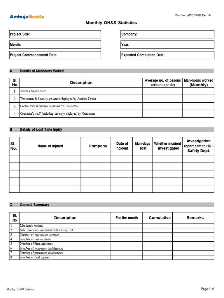 OHS 019 - Monthly OH&S Statistics (New) | PDF
