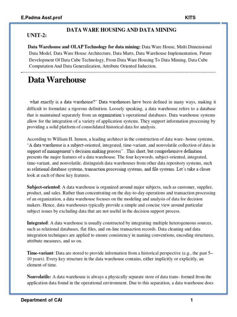 DWDM Unit 2 | PDF | Data Warehouse | Databases