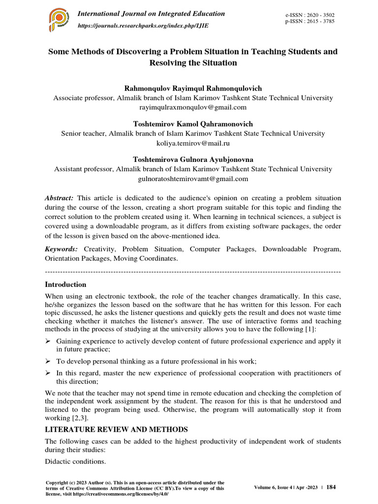 Some Methods of Discovering A Problem Situation in Teaching Students and Resolving The Situation ...