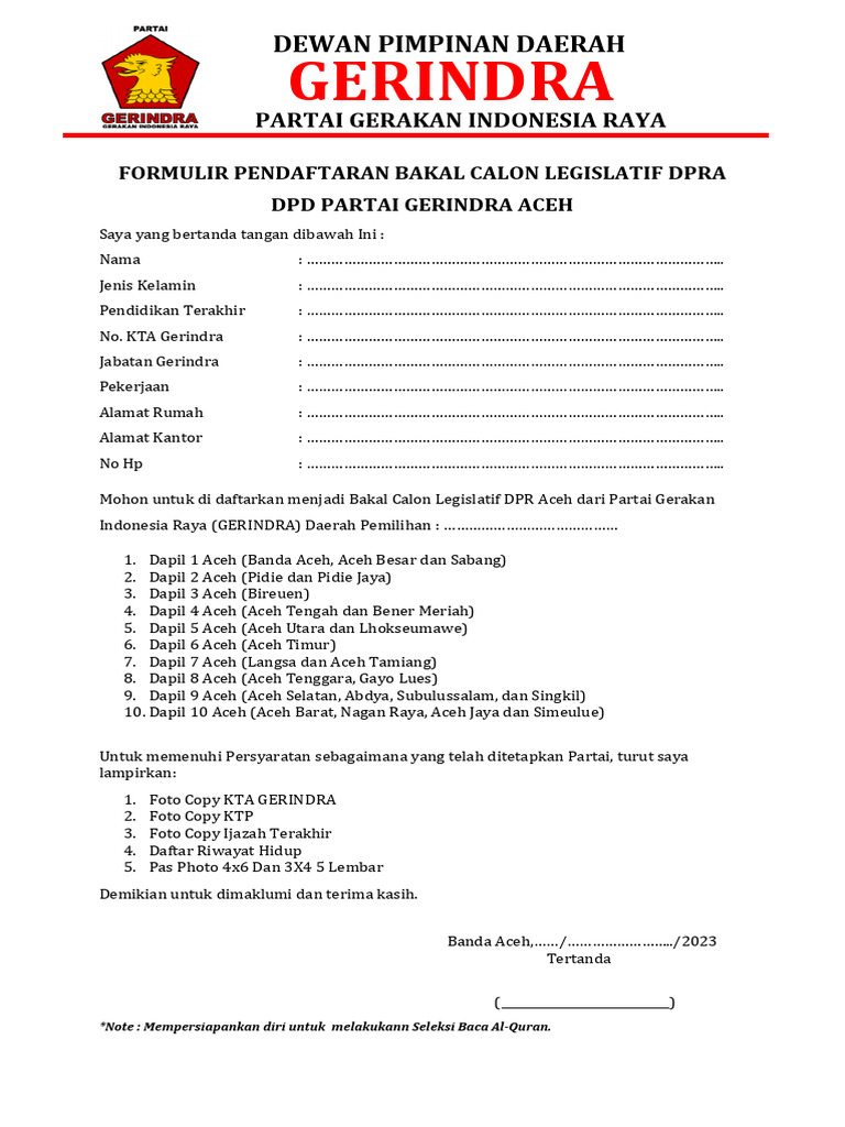 Pendaftaran Bakal Calon Legislatif Gerindra | PDF | Agama & Spiritualitas