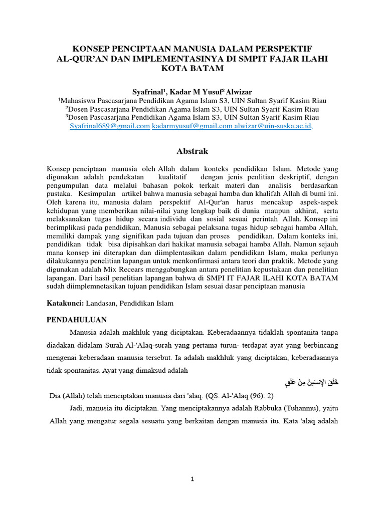 Konsep Penciptaan Manusia Dalam Perspektif Al-Qur'an-Jurnal | PDF