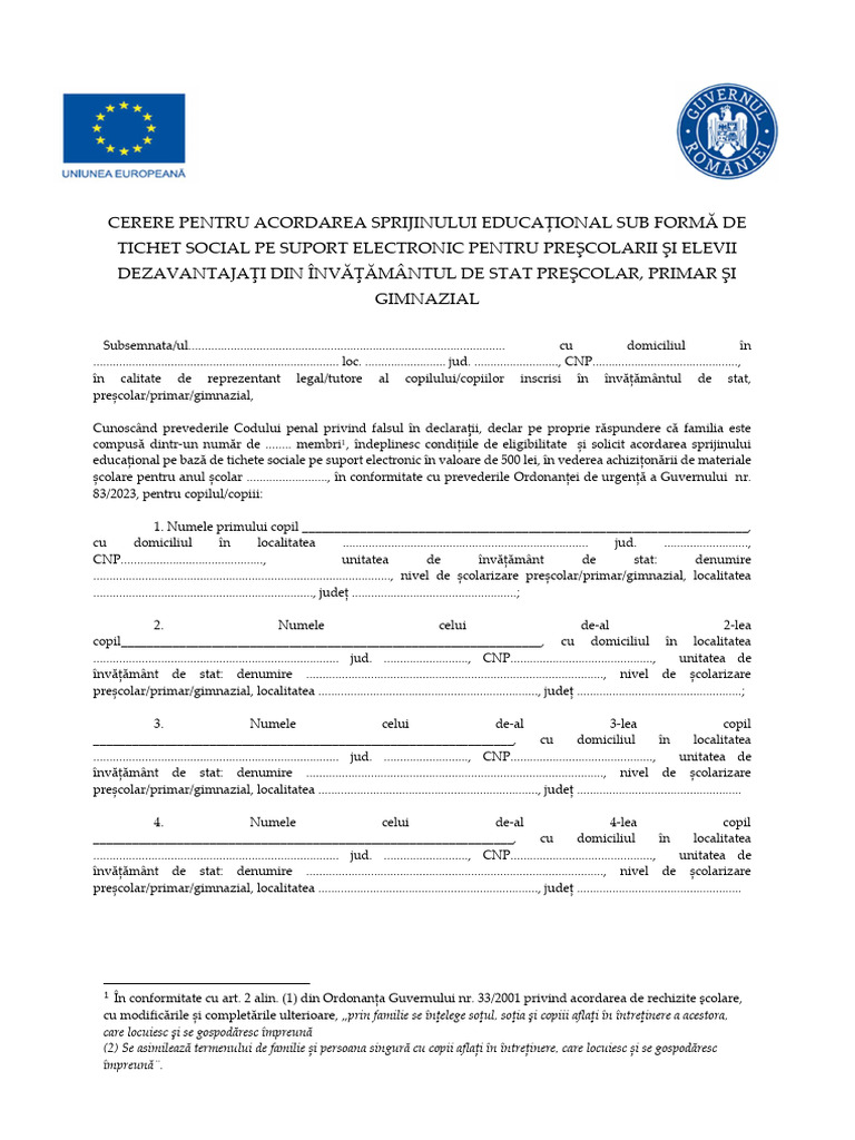Cerere Tichete Sociale 2023-2024 | PDF