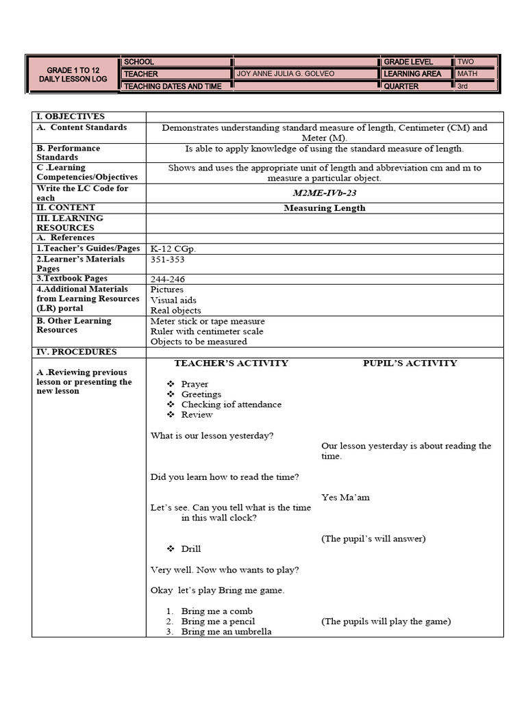 Lesson Plan 4 Demo Math 2 | Download Free PDF | Metre | Teachers