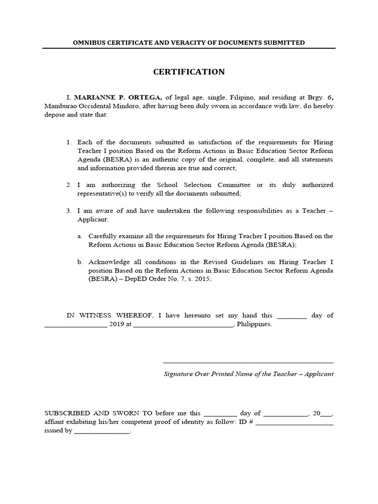 Omnibus Certification for Teacher Applicants | PDF