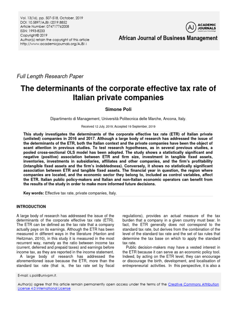 The Determinants of The Corporate Effective Tax Rate of Italian Private ...