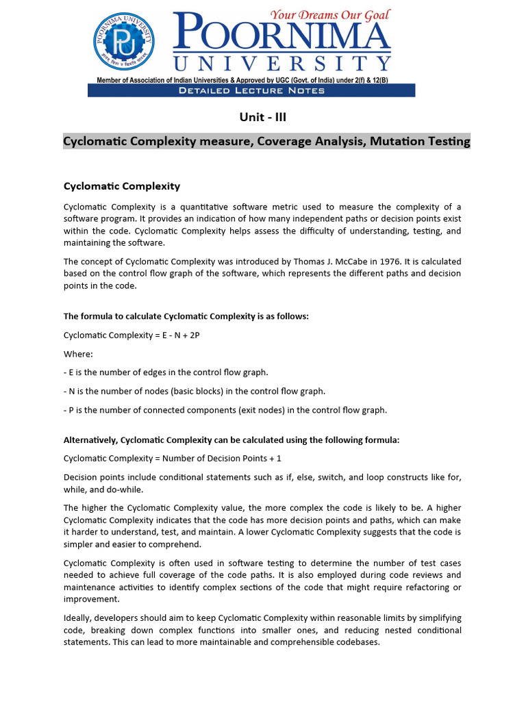 Unit - III Cyclomatic Complexity Measure, Coverage Analysis, Mutation ... Unit - III Cyclomatic Complexity Measure, Coverage Analysis, Mutation ...