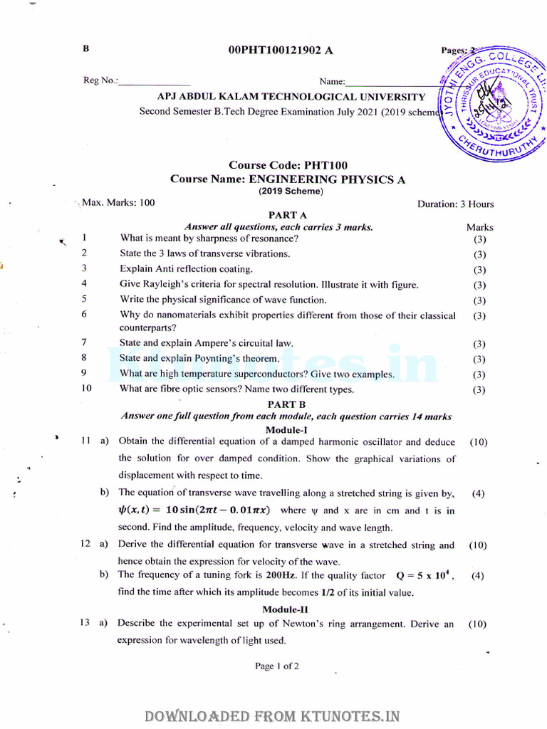 (PHT100) Phy A, July 2021 | PDF | Waves | Diffraction