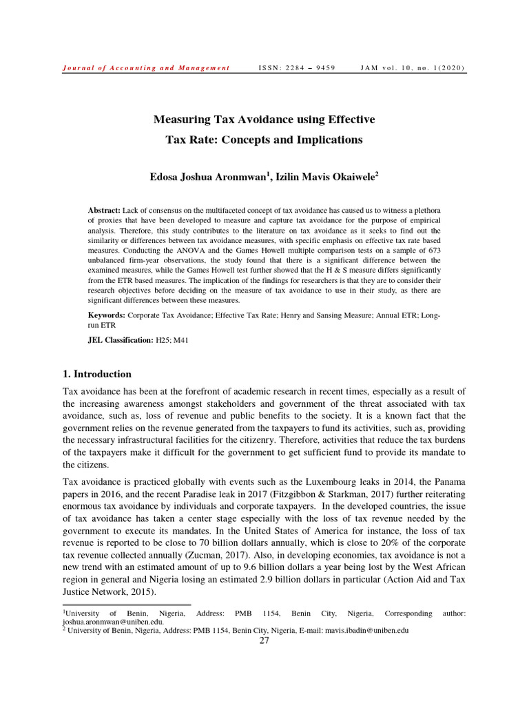 Measuring Tax Avoidance Using Effective Tax Rate Concepts and ... Measuring Tax Avoidance Using Effective Tax Rate Concepts and ...