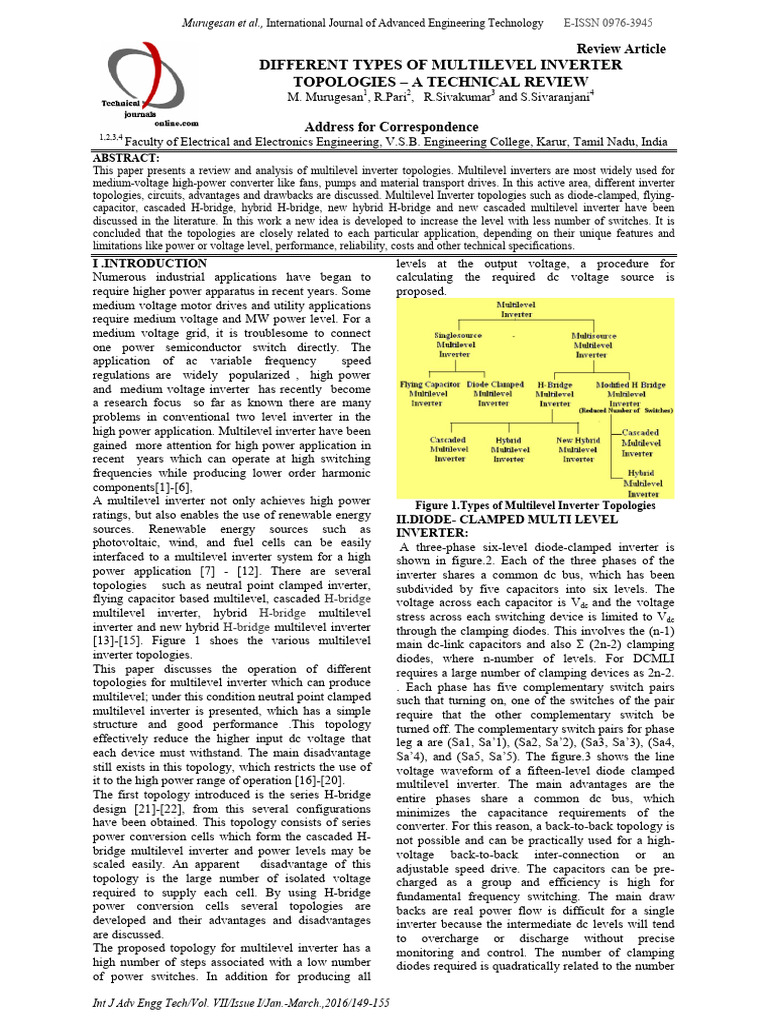 Different Types of Multilevel Inverter Topologies - A Technical Review | PDF