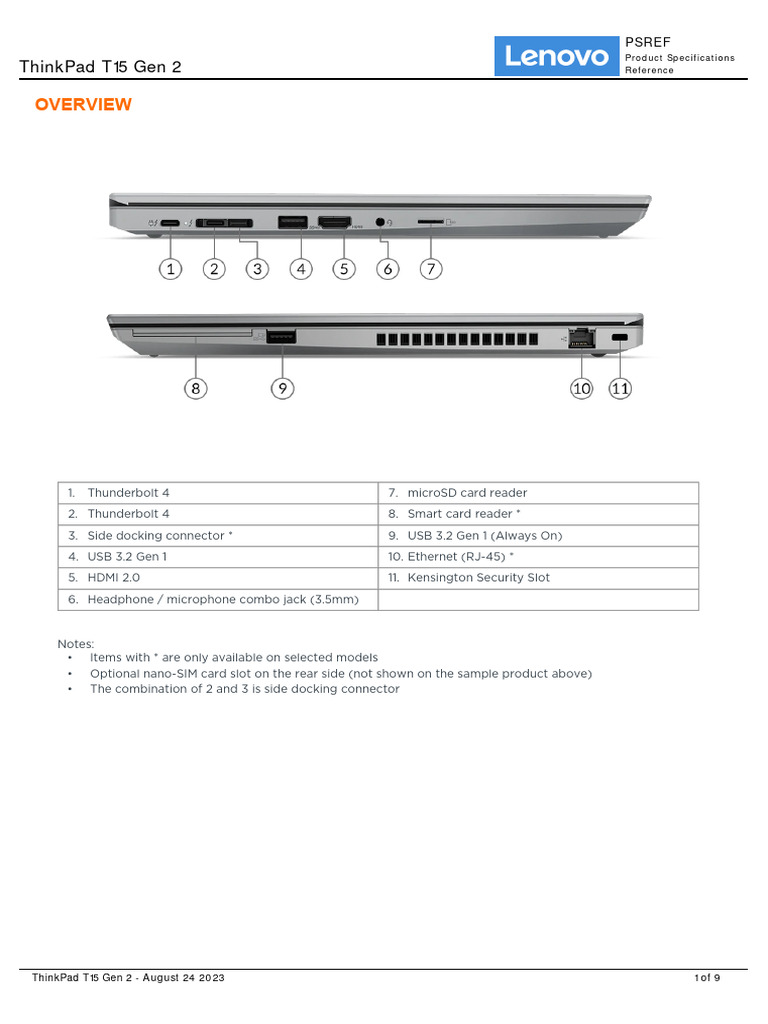ThinkPad T15 Gen 2 Spec | PDF | Usb | Computer Engineering