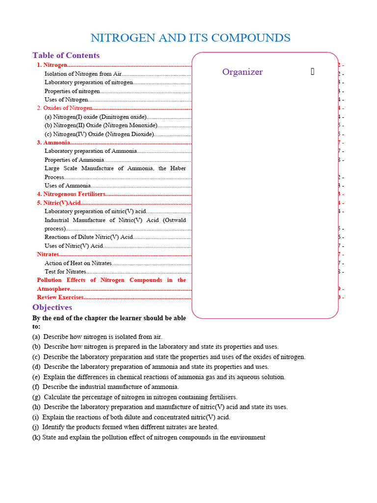 Nitrogen and Its Compounds Overview | PDF | Nitrogen | Nitric Acid