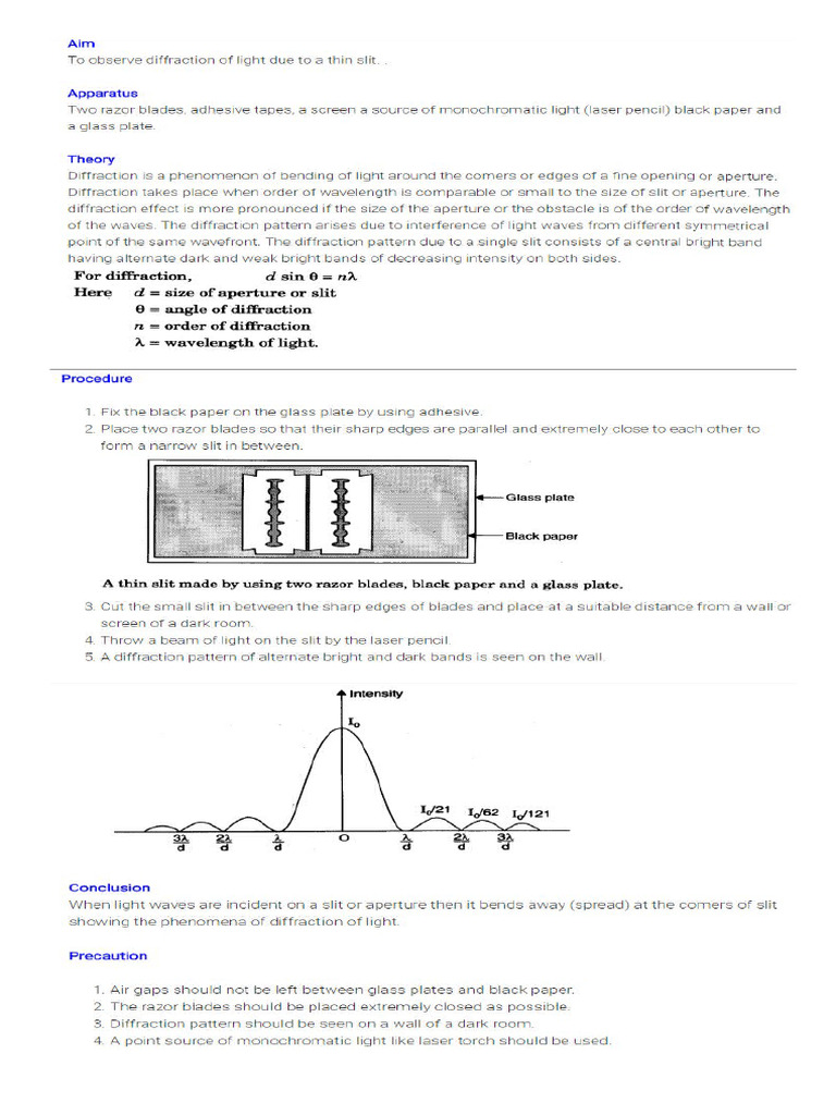 To Observe the Diffraction of Light Due to a Thin Slit | PDF