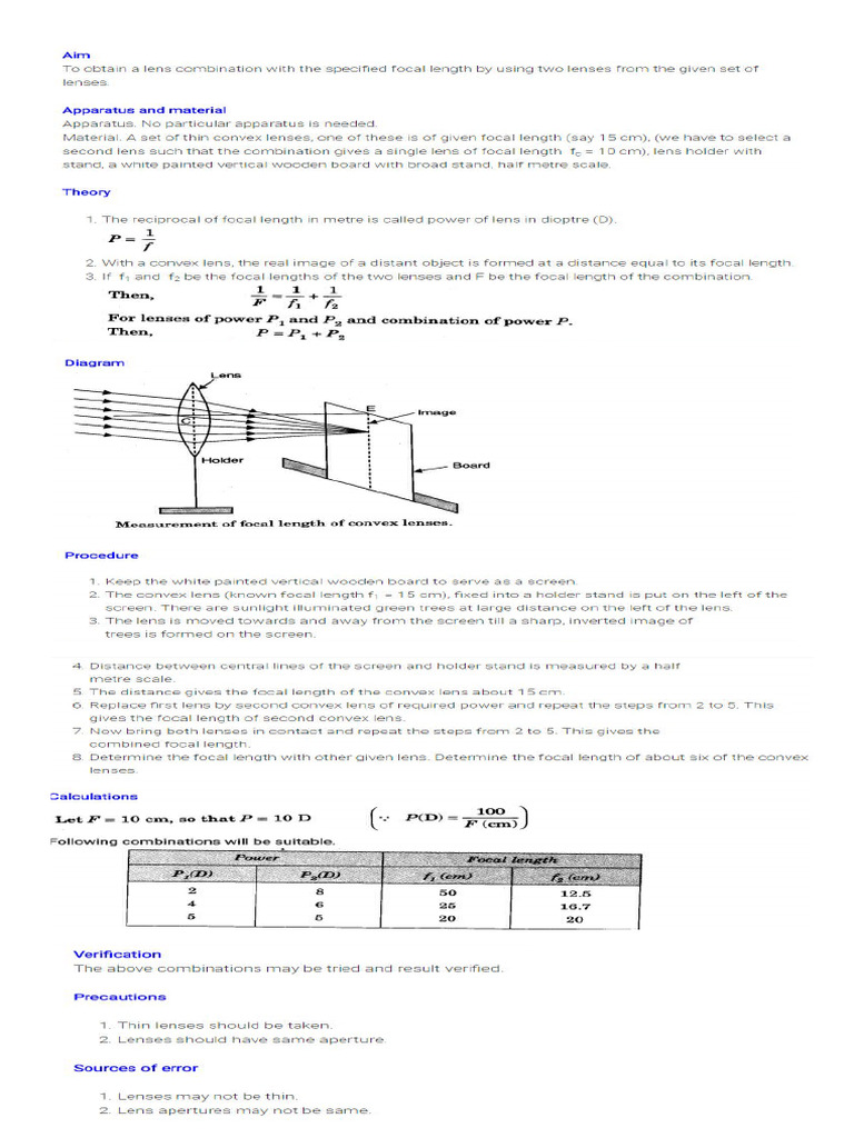 To Obtain A Lens Combination With The Specified Focal Length by Using Two Lenses From The Given ...