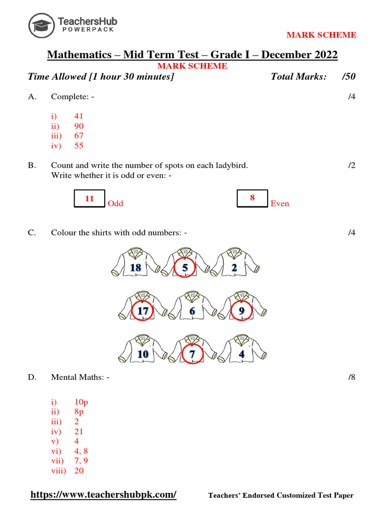 Mathematics - Mid Term Test - Grade I - December 2022 MS | PDF