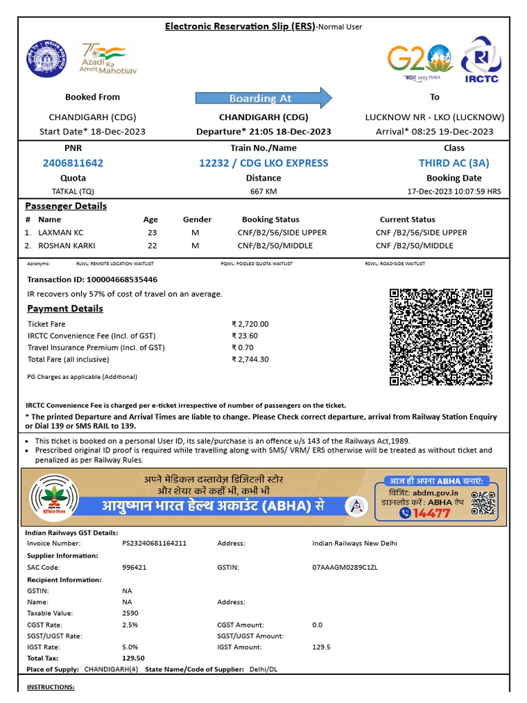 CDG Lko Express Third Ac (3A) : Electronic Reserva On Slip (ERS) | PDF ...