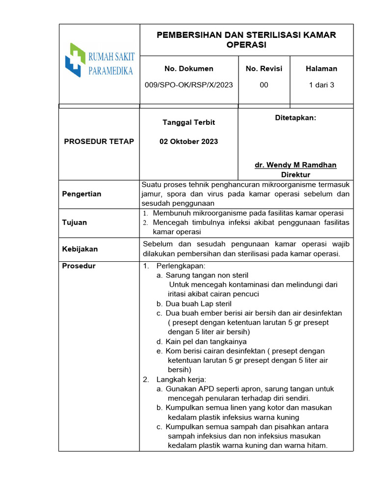 Sop Ok 009 Sterilisasi Kamar Operasi Pdf