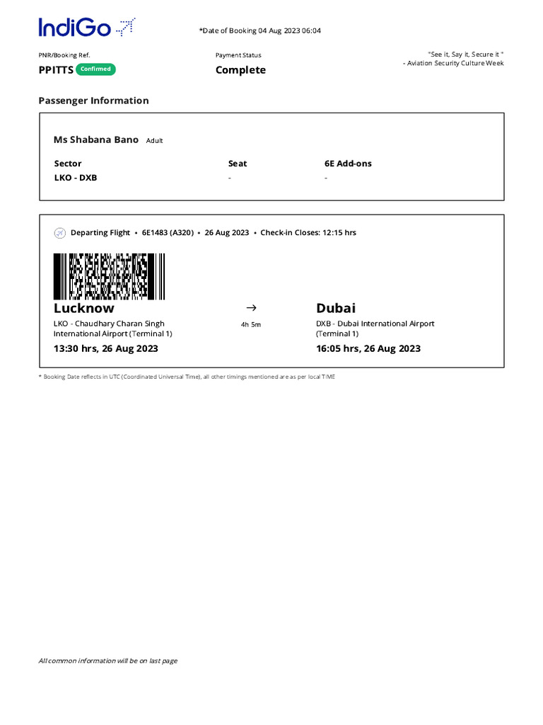 Lko DXB Ticket | PDF | Transport | Aviation