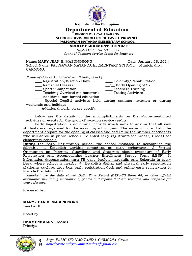 Cavite School Early Registration Report | PDF | Teachers
