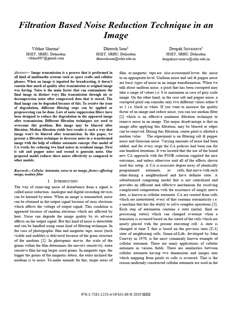 IEEE 2019 - Filtration Based Noise Reduction | PDF | Automata Theory | Imaging
