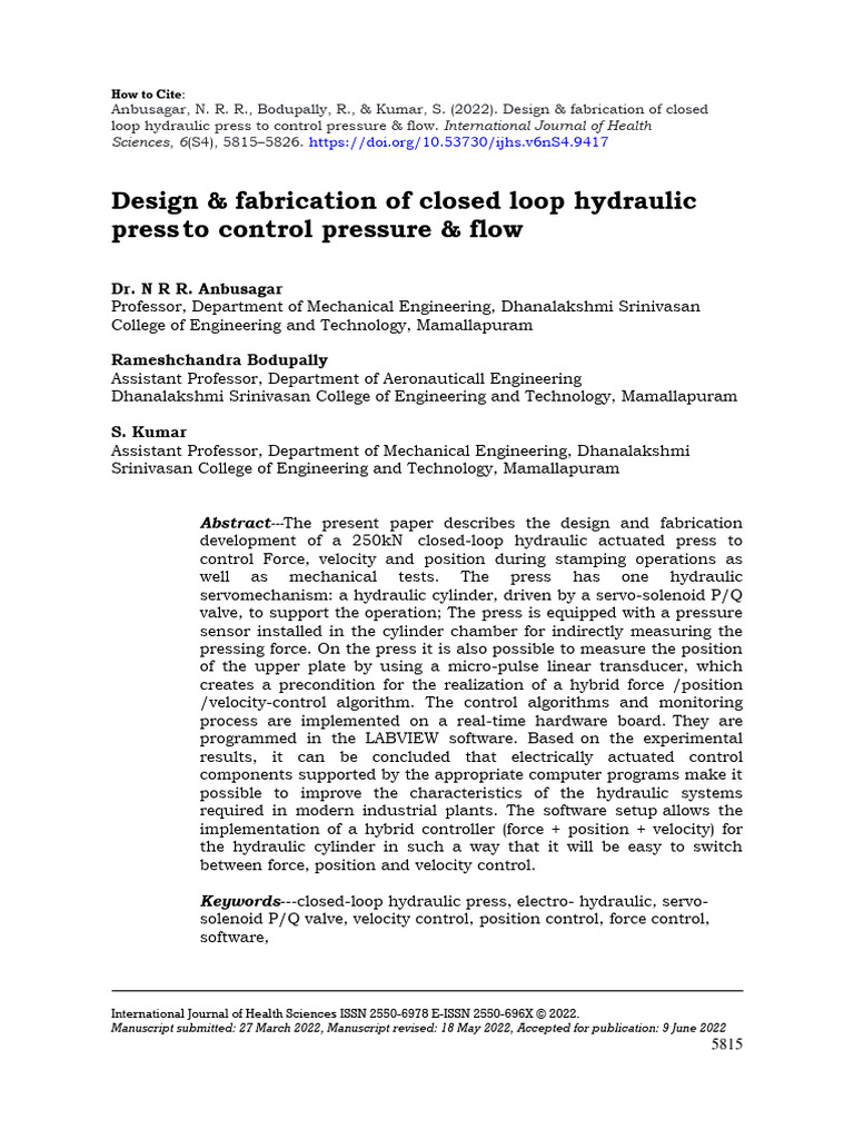 Design Fabrication of Closed Loop Hydraulic Press | PDF