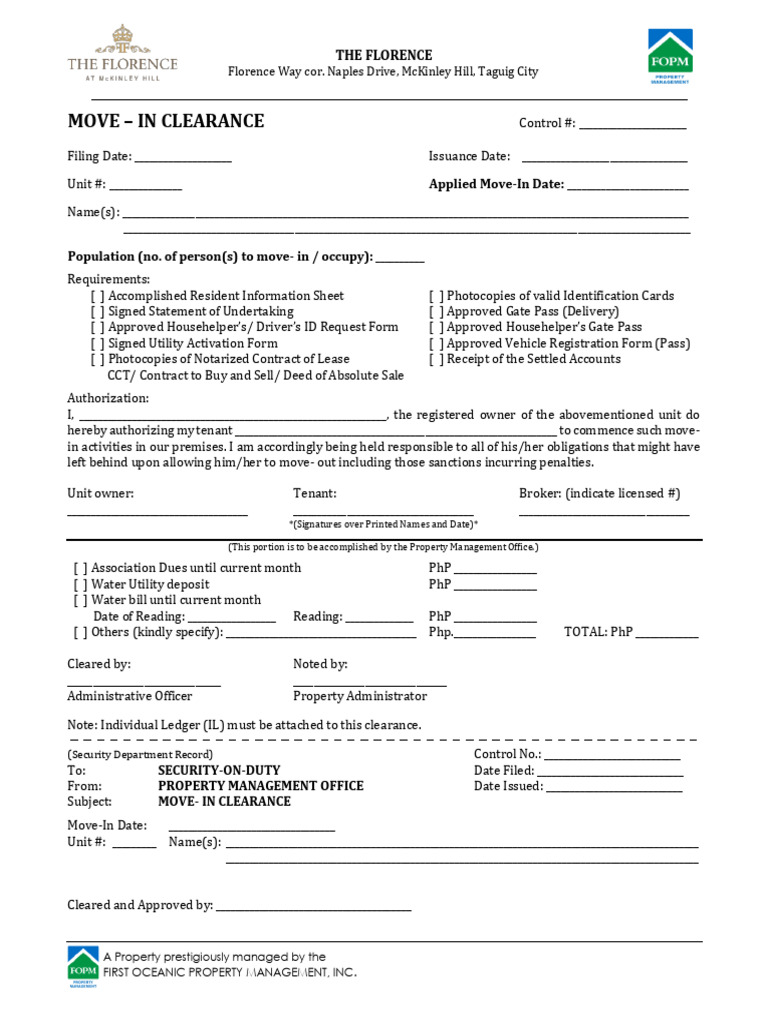 Move-In Clearance | PDF | Property Management | Civil Law (Common Law)