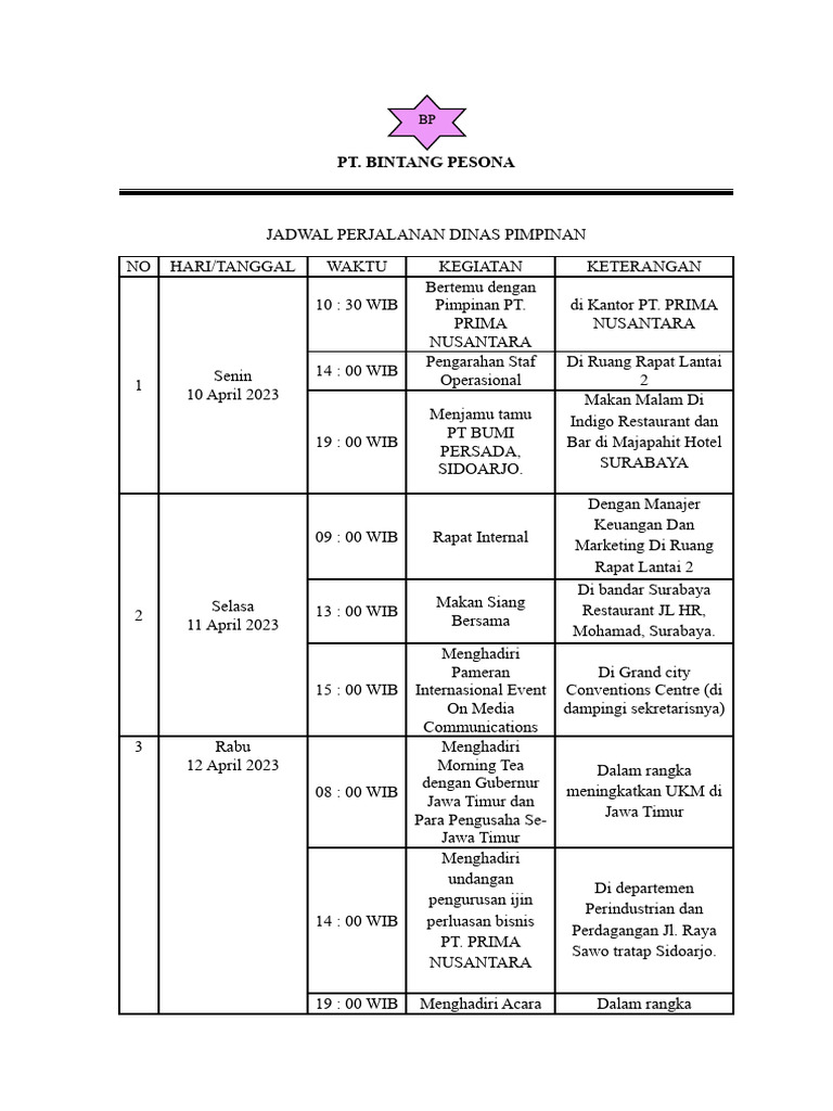 JADWAL PERJALANAN DINAS PIMPINAN N.A | PDF