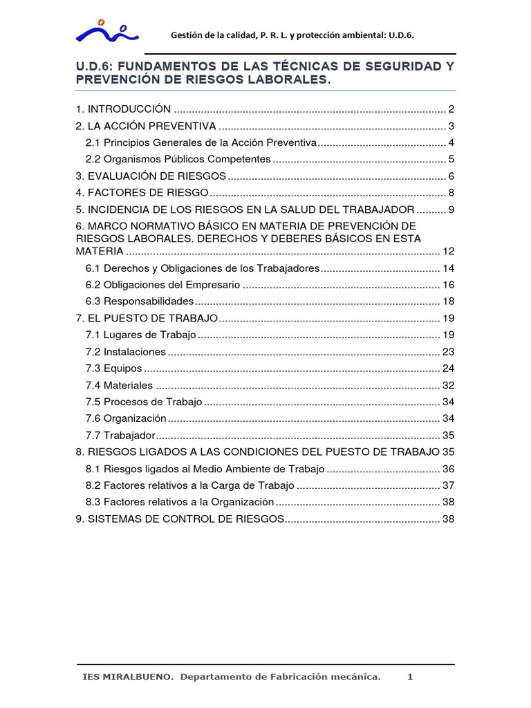 UD6 PRL Fundamentos de Las Técnicas de Seguridad y PRL | PDF | Derecho laboral | Seguridad y ...