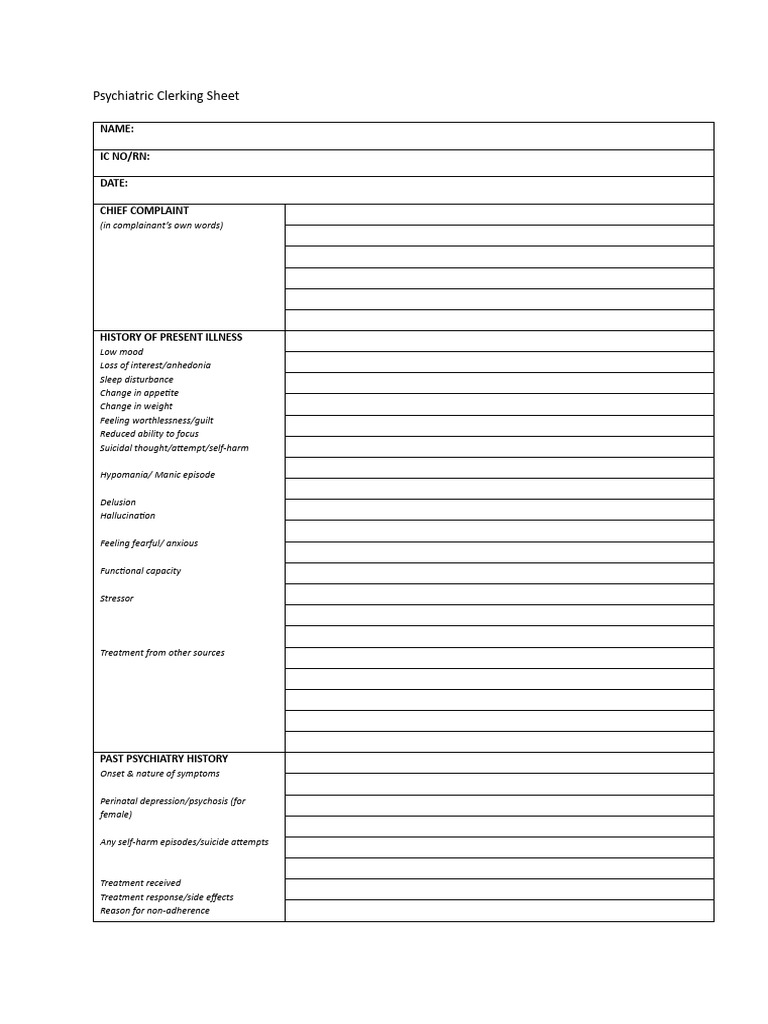 Psychiatric Clerking Sheet 3 Nov | PDF | Epidemiology | Sleep