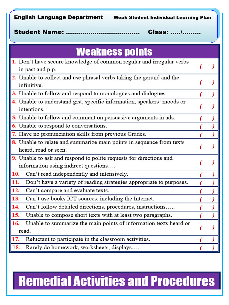 Remedial Plan for Weak English Students | PDF
