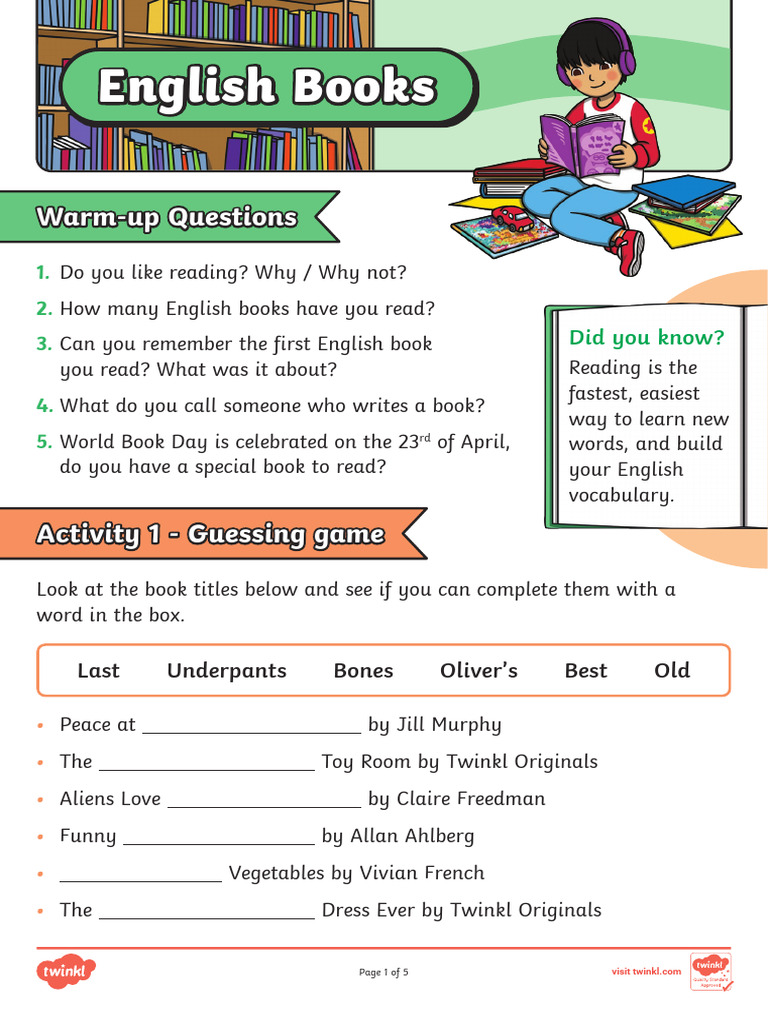 T 1678195116 Esl English Books Activity Worksheet Kids A2 - Ver - 1 | PDF