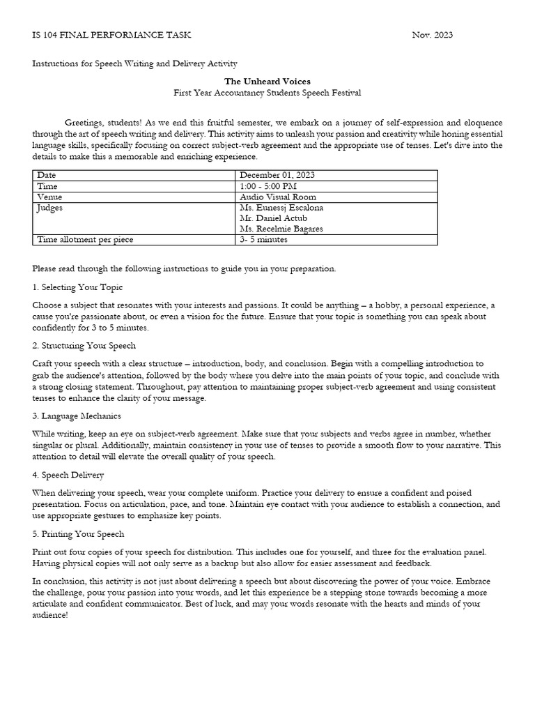 Instructions For Speech Writing and Delivery Activity - IS 104 | PDF ...