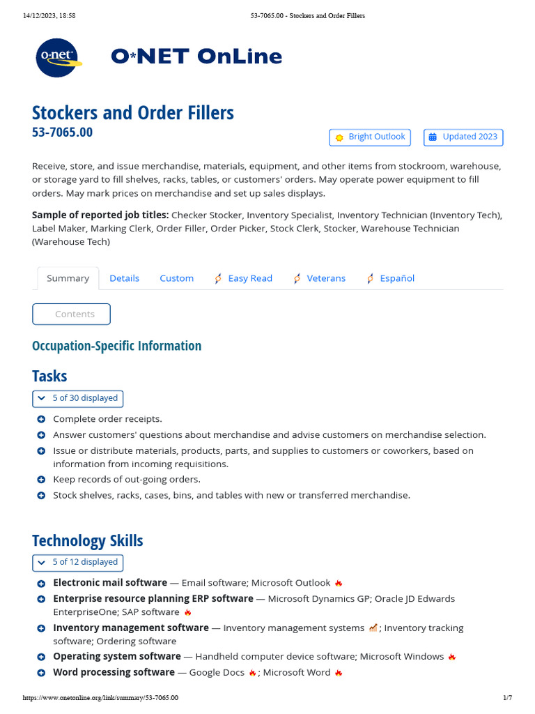 53-7065.00 - Stockers and Order Fillers | PDF | Warehouse | Information