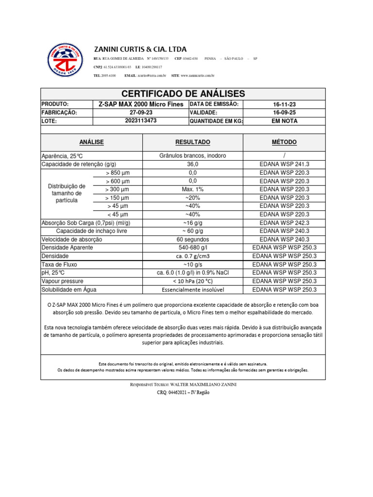 COA - Z-SAP MAX 2000 Micro Fines - Novembro 2023 | PDF