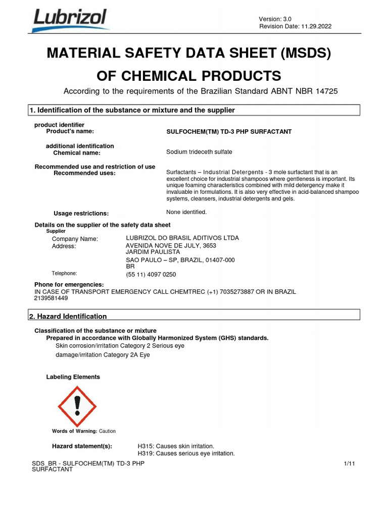 MSDS - Sulfochem (TM) TD-3 PHP Surfactant | PDF | Occupational Safety And Health | Materials
