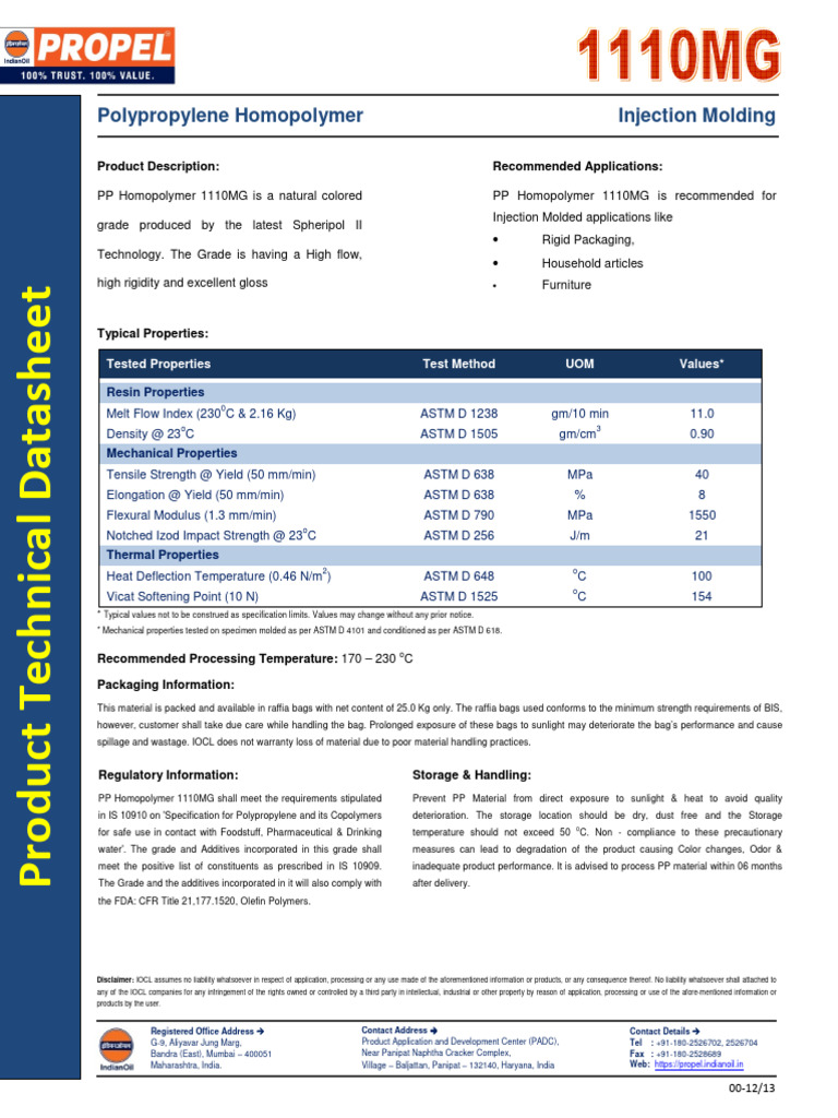 IOCL PP Homopolymer 1110MG Datasheet | PDF | Polymers | Applied And ...