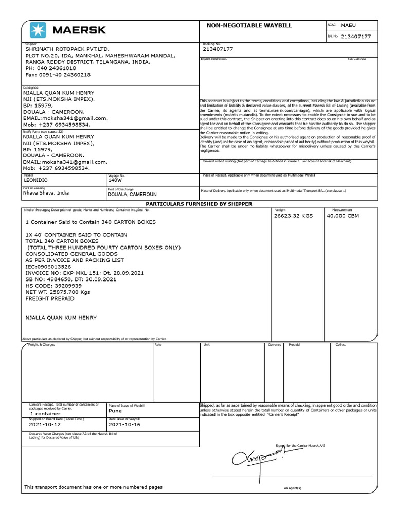 MKL 151 (Ets) BL | PDF | Cargo | Consignee