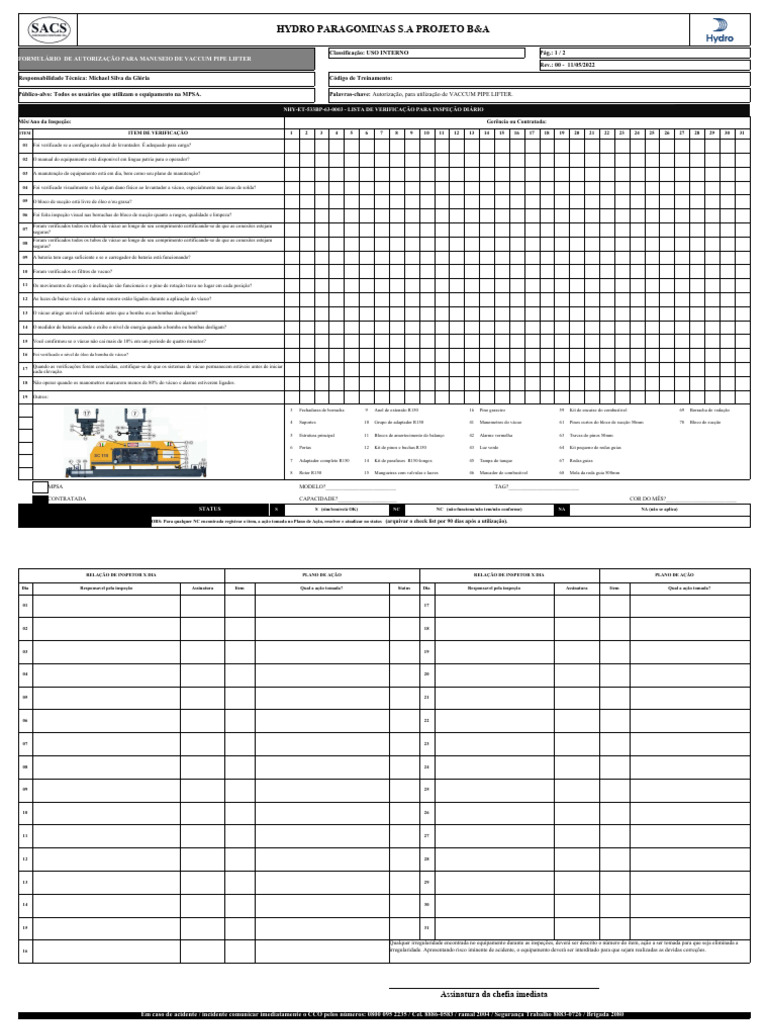 Inspeção e Autorização do Vacuum Pipe Lifter | PDF | Natureza ...