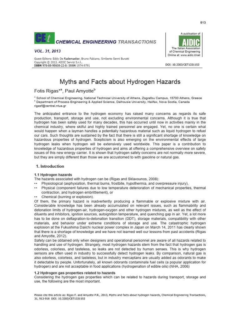 Myths and Facts About Hydrogen Hazards: C H E M I C A L E N G I N E E R ...