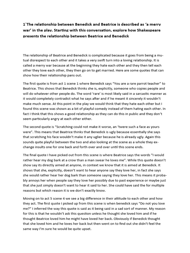 The Relationship Between Benedick and Beatrice | PDF