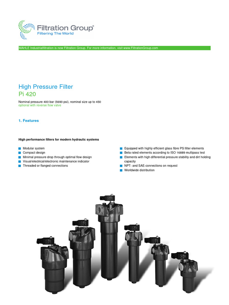 High Pressure Filter Pi 420 Specifications | PDF | Switch | Filtration
