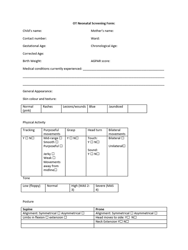 OT Neonatal Screening Form | PDF