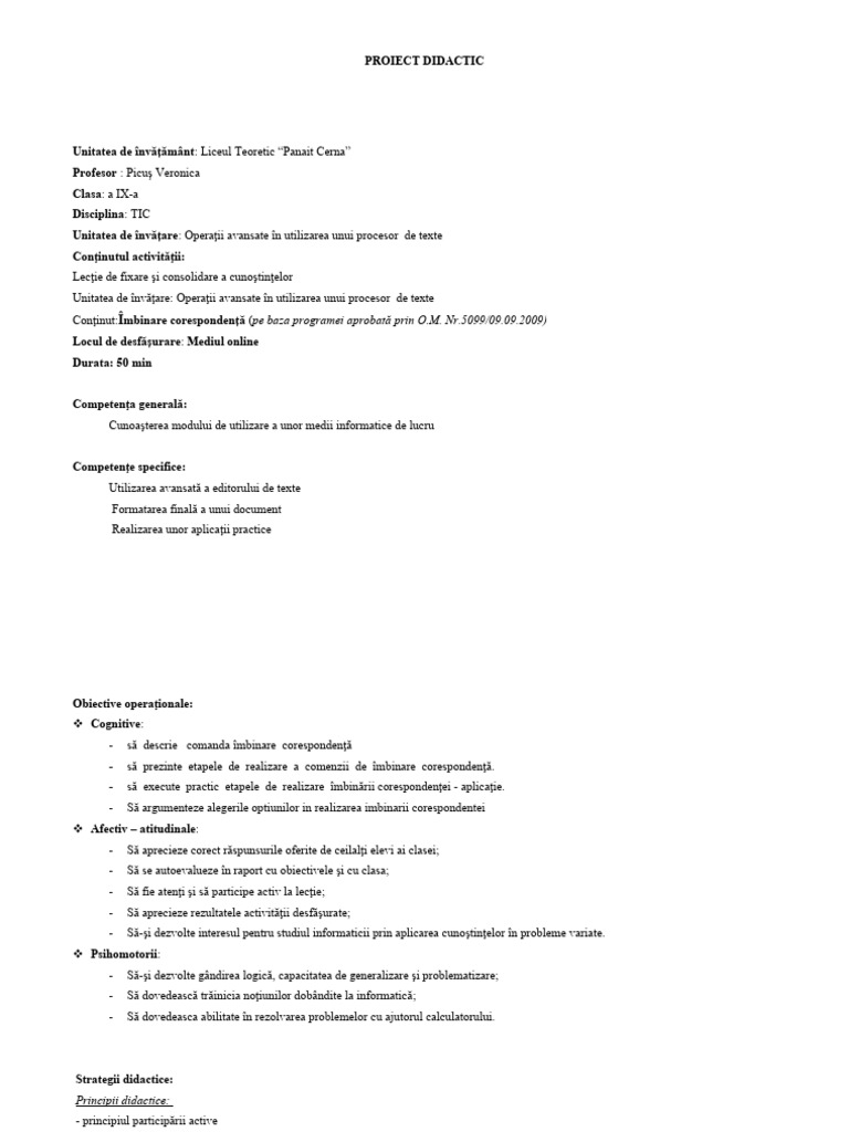 Proiect - Didactic - Online - Imbinarea - Corespondentei - Picus - Veronica - Veronica Picus | PDF