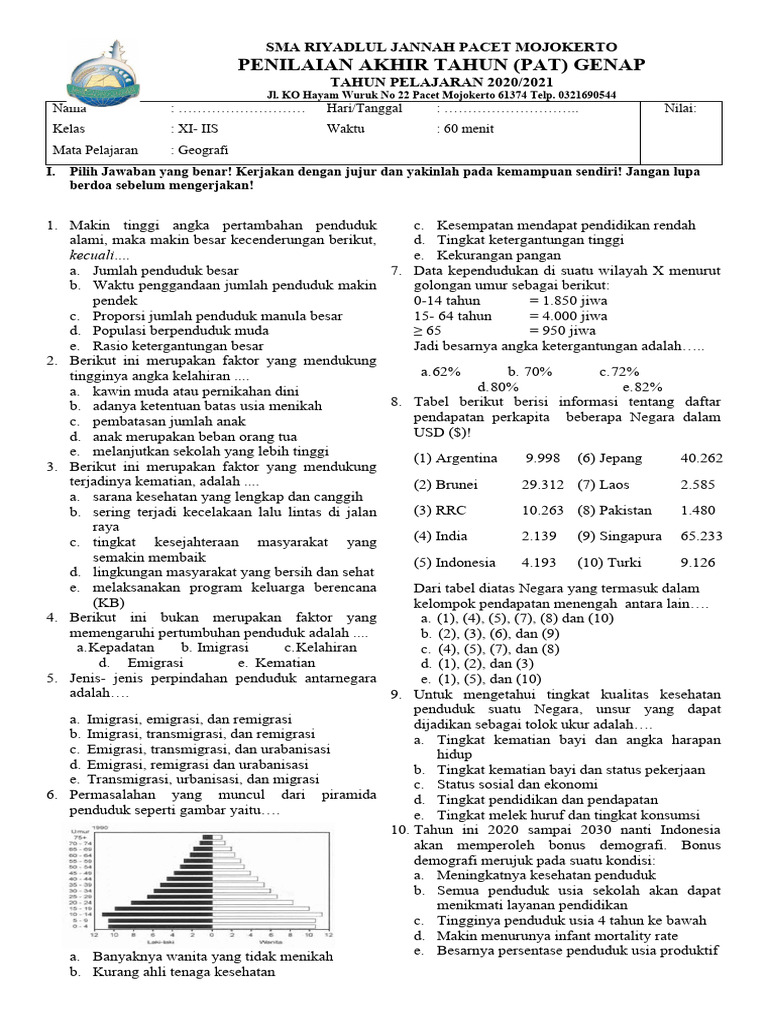 Soal Geografi Kls XI PAT GENAP Tapel. 2020-2021 | PDF